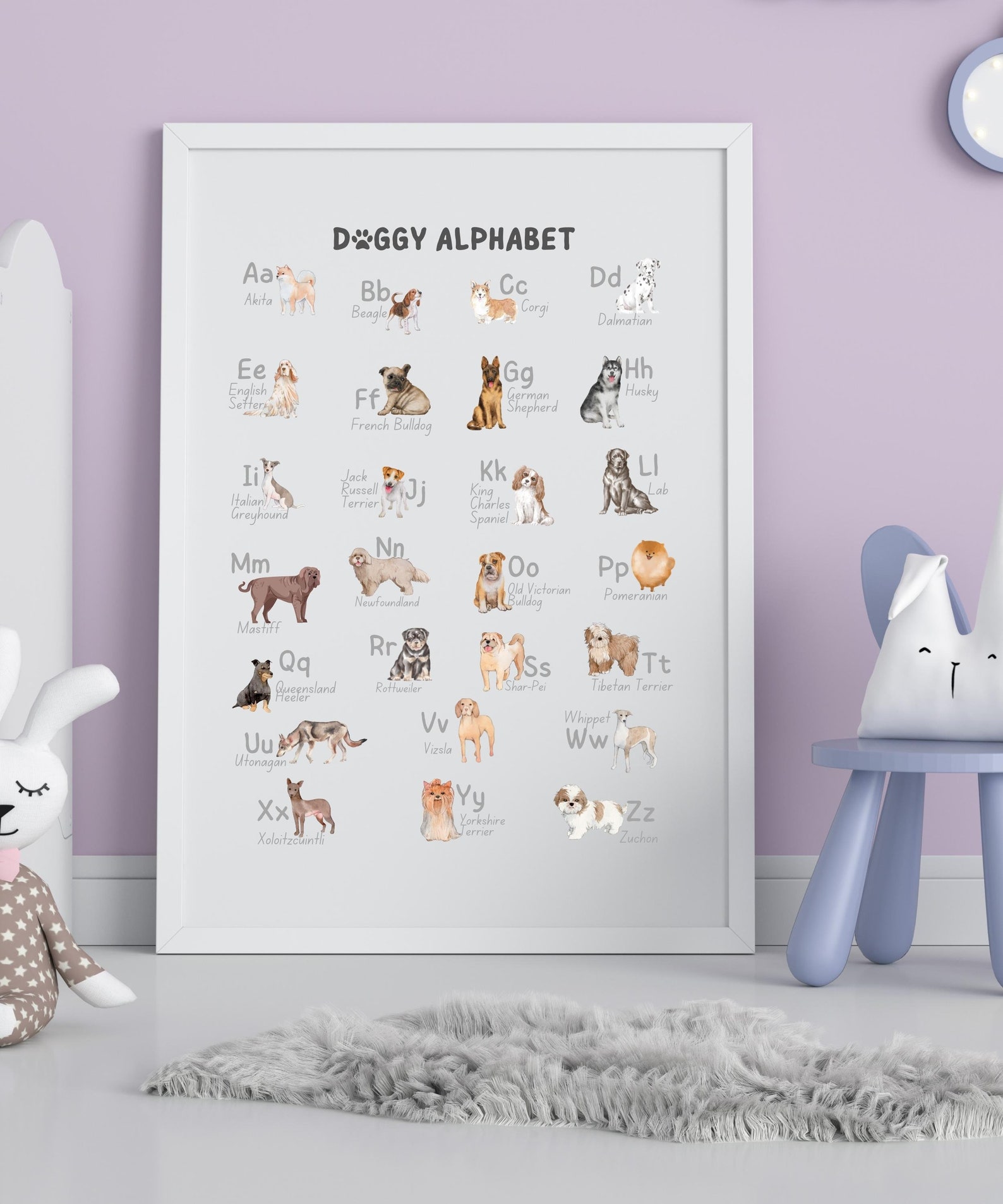 Doggy Alphabet PRINTABLE ART Watercolor Dog Letters Nursery - Etsy