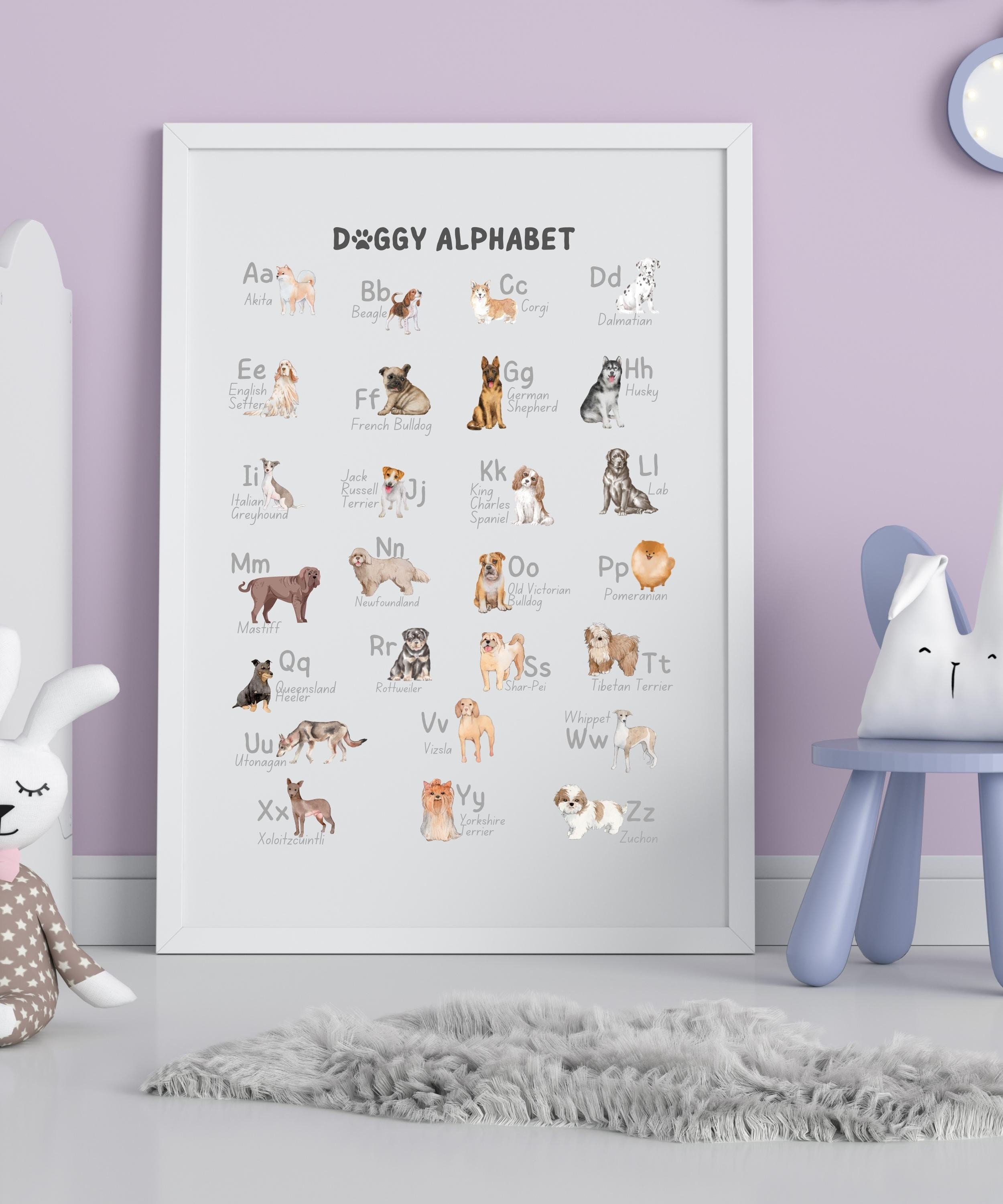 Doggy Alphabet PRINTABLE ART Watercolor Dog Letters Nursery - Etsy