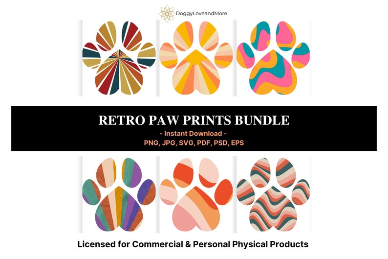 Retro Paw Prints SVG PNG JPG Bundle, 70s Paw Prints Clipart, Cricut Svg ...
