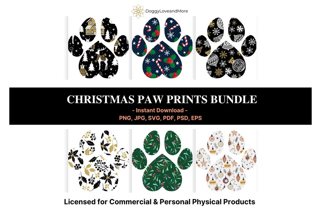 Christmas Paw Prints SVG PNG JPG Bundle, Holiday Paw Print Clipart ...