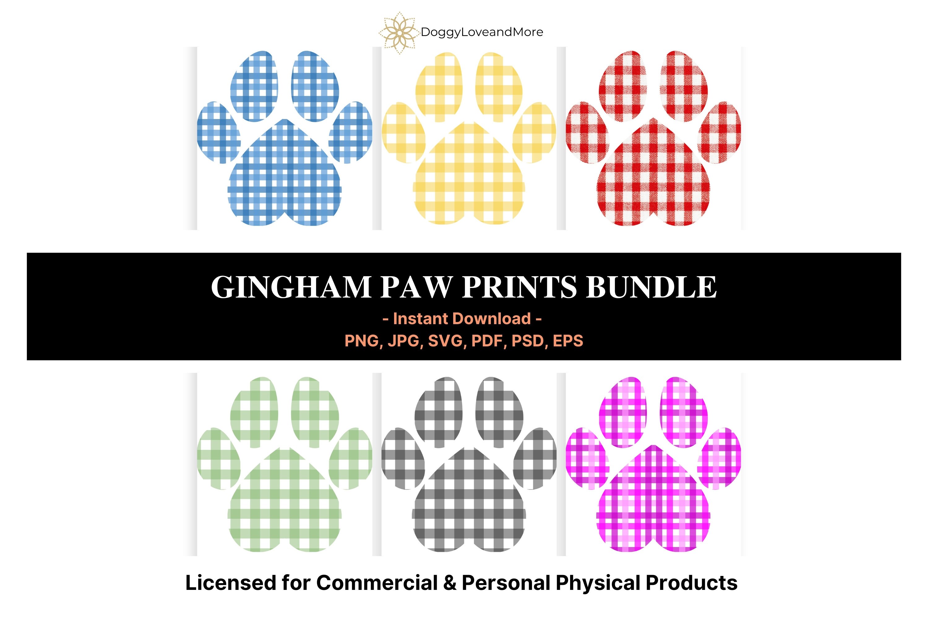 Gingham Paw Print Bundle SVG PNG JPG Digital Download, Animal Paws ...