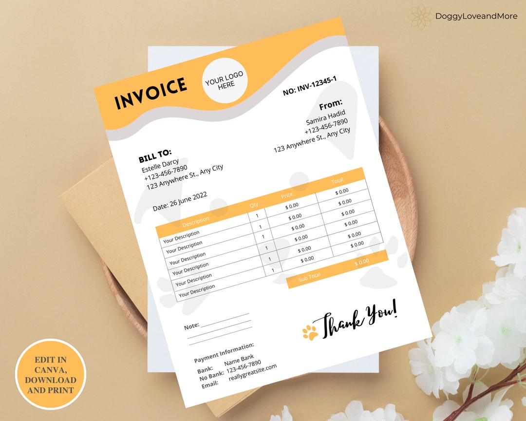 Pet Business Invoice Template: Editable Canva Design (digital Download ...
