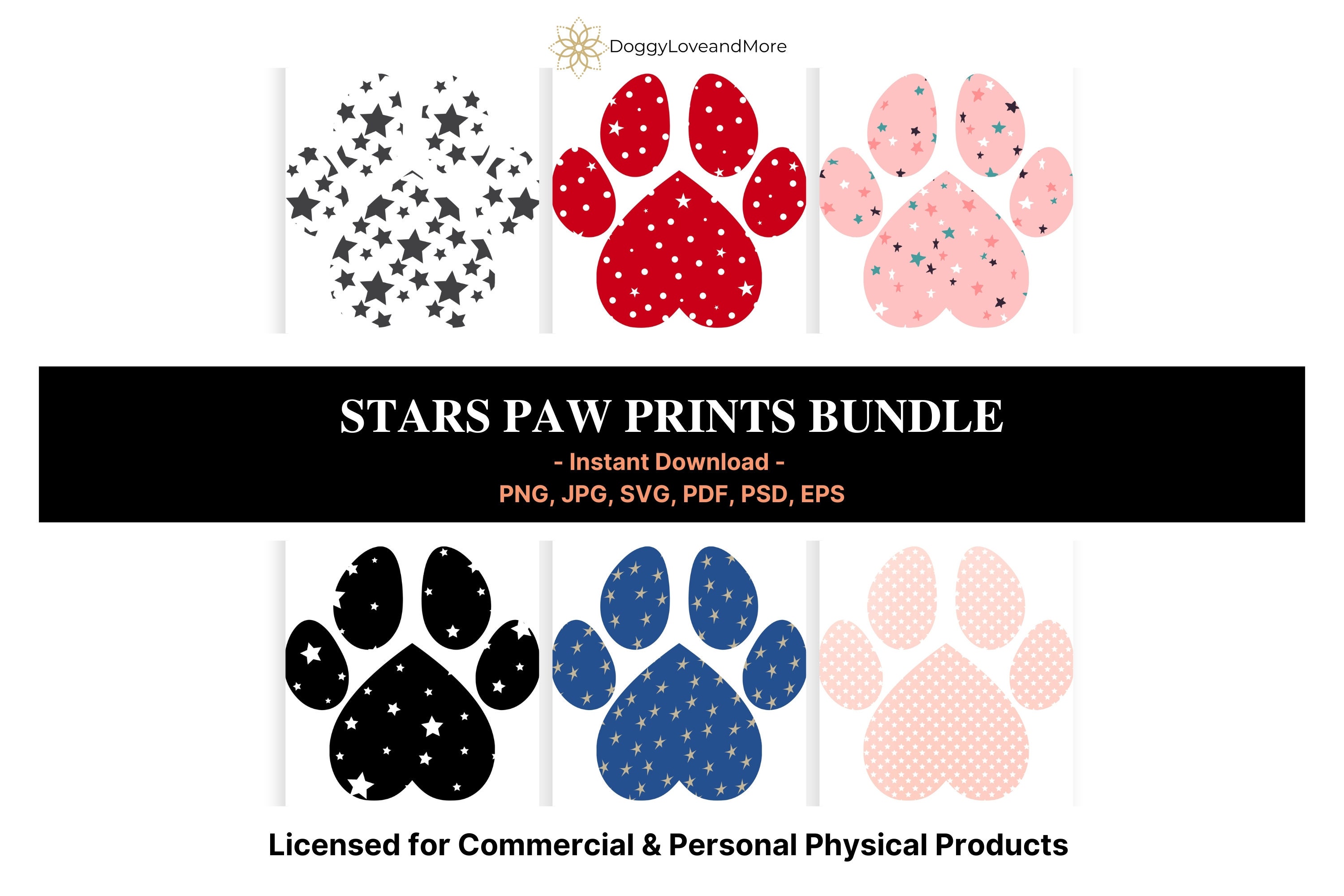 Stars Paw Prints SVG PNG JPG Bundle, Dog Paw Prints Clipart, Cricut Svg ...