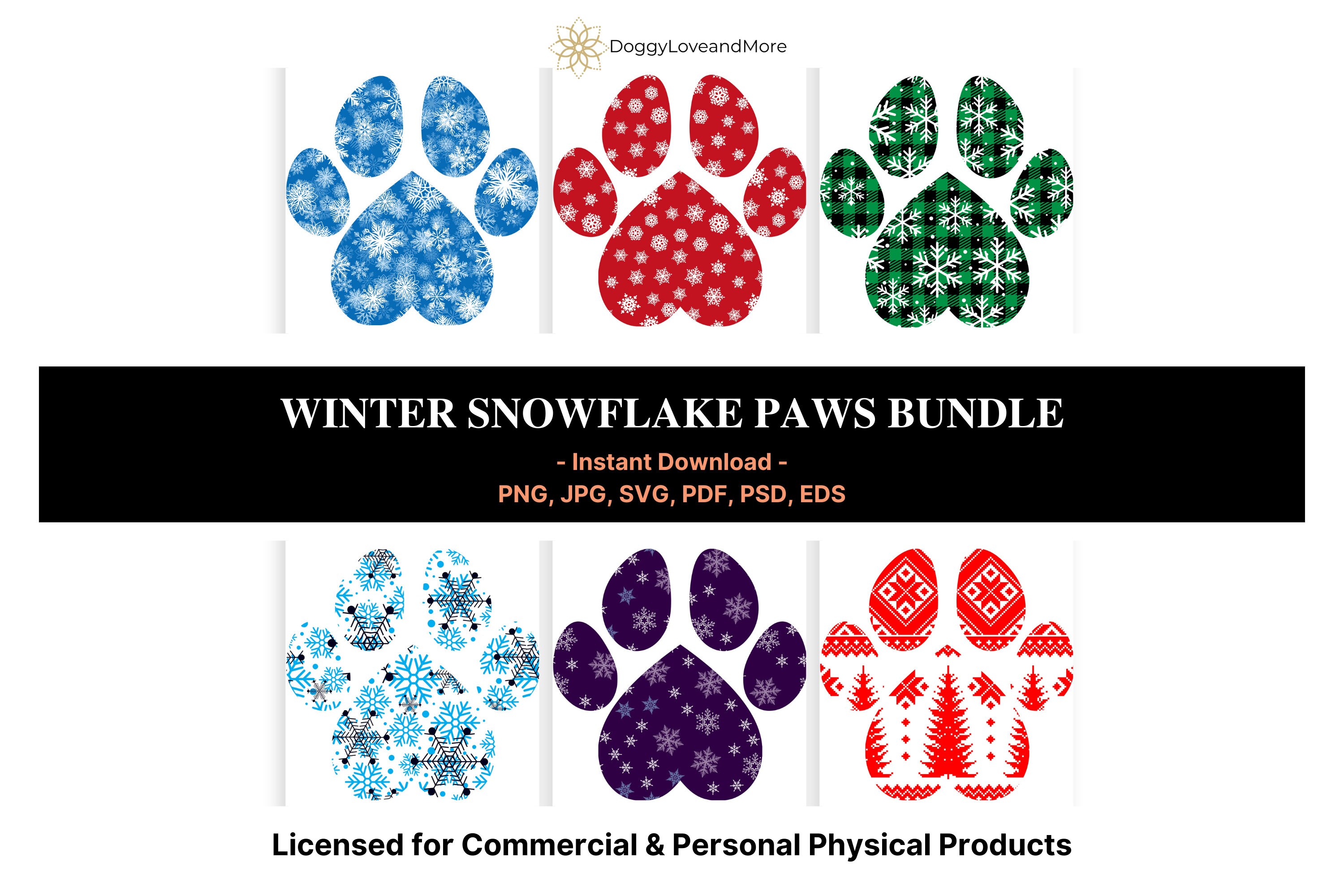Winter Paw Prints SVG PNG JPG Bundle, Snowflake Paw Prints Clipart ...