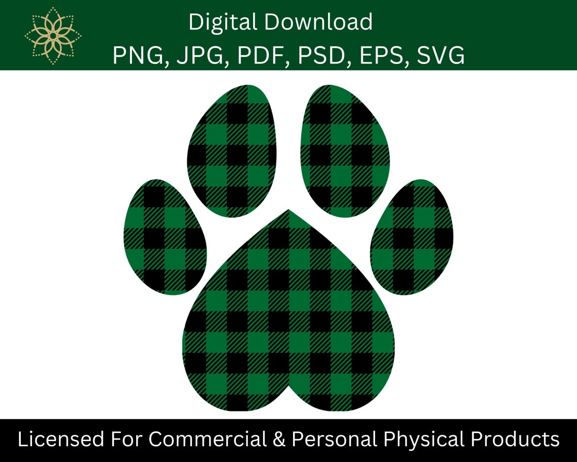 Christmas Plaid Dog Paw Print PNG File, Buffalo Plaid Pet Paws SVG ...
