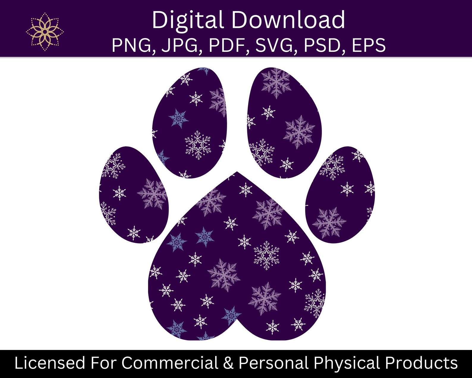 Winter Paw Prints SVG PNG JPG Bundle, Snowflake Paw Prints Clipart ...