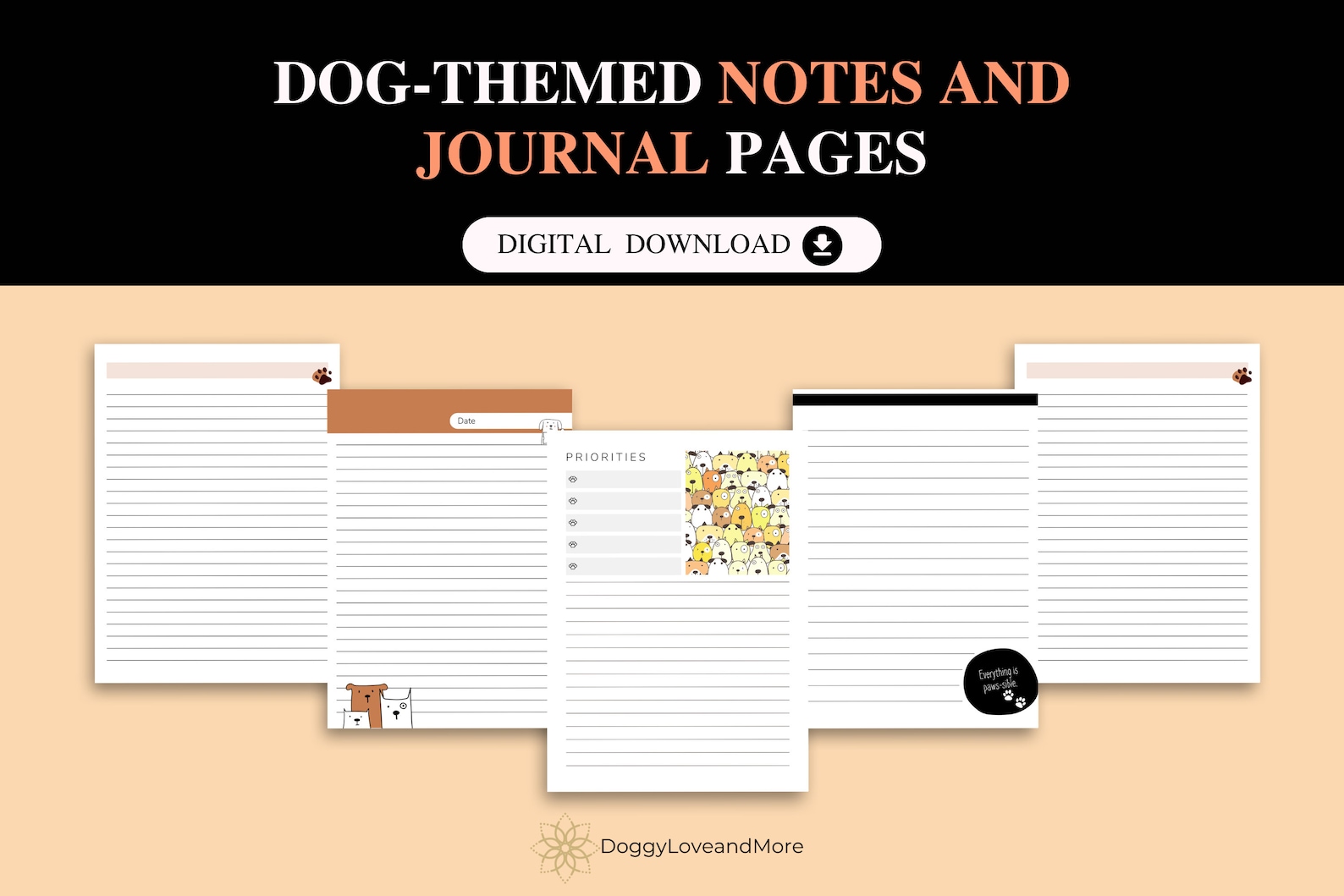 Cute Dog-themed Lined Notes and Journal Pages PRINTABLE Dog Paws ...