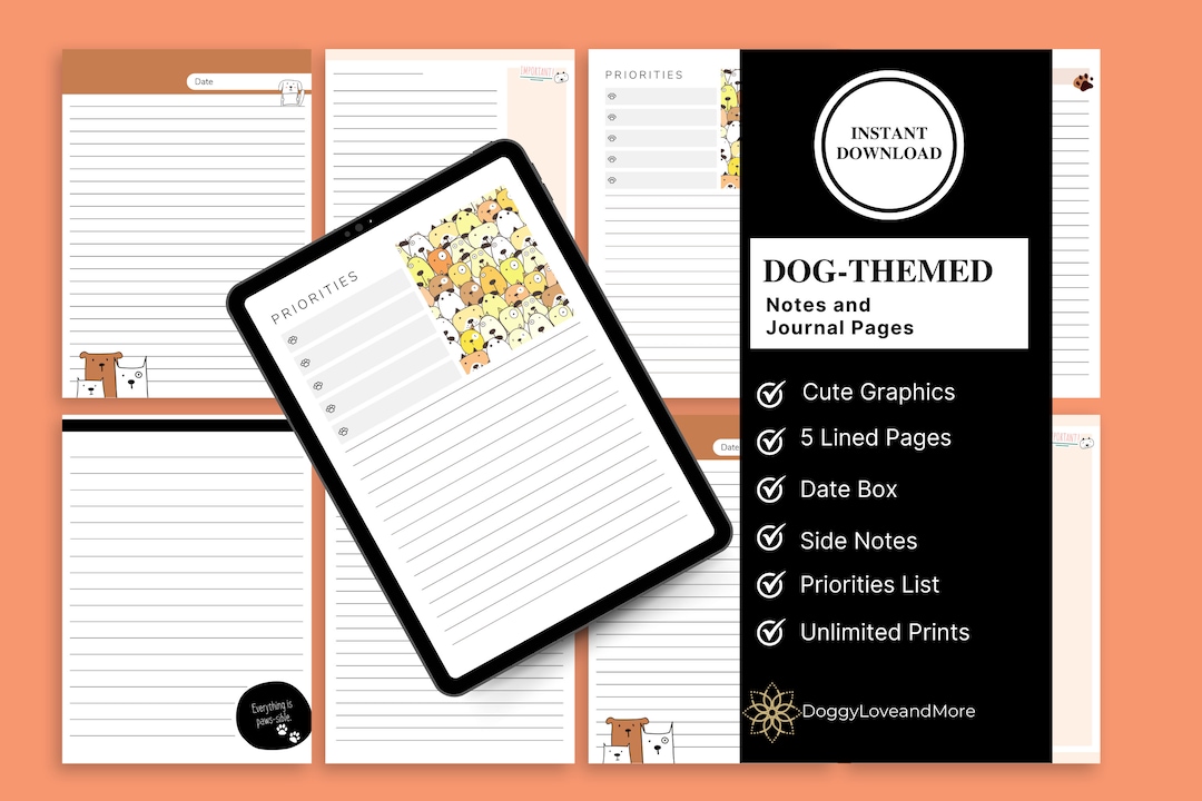 Cute Dog-themed Lined Notes and Journal Pages PRINTABLE Dog Paws ...