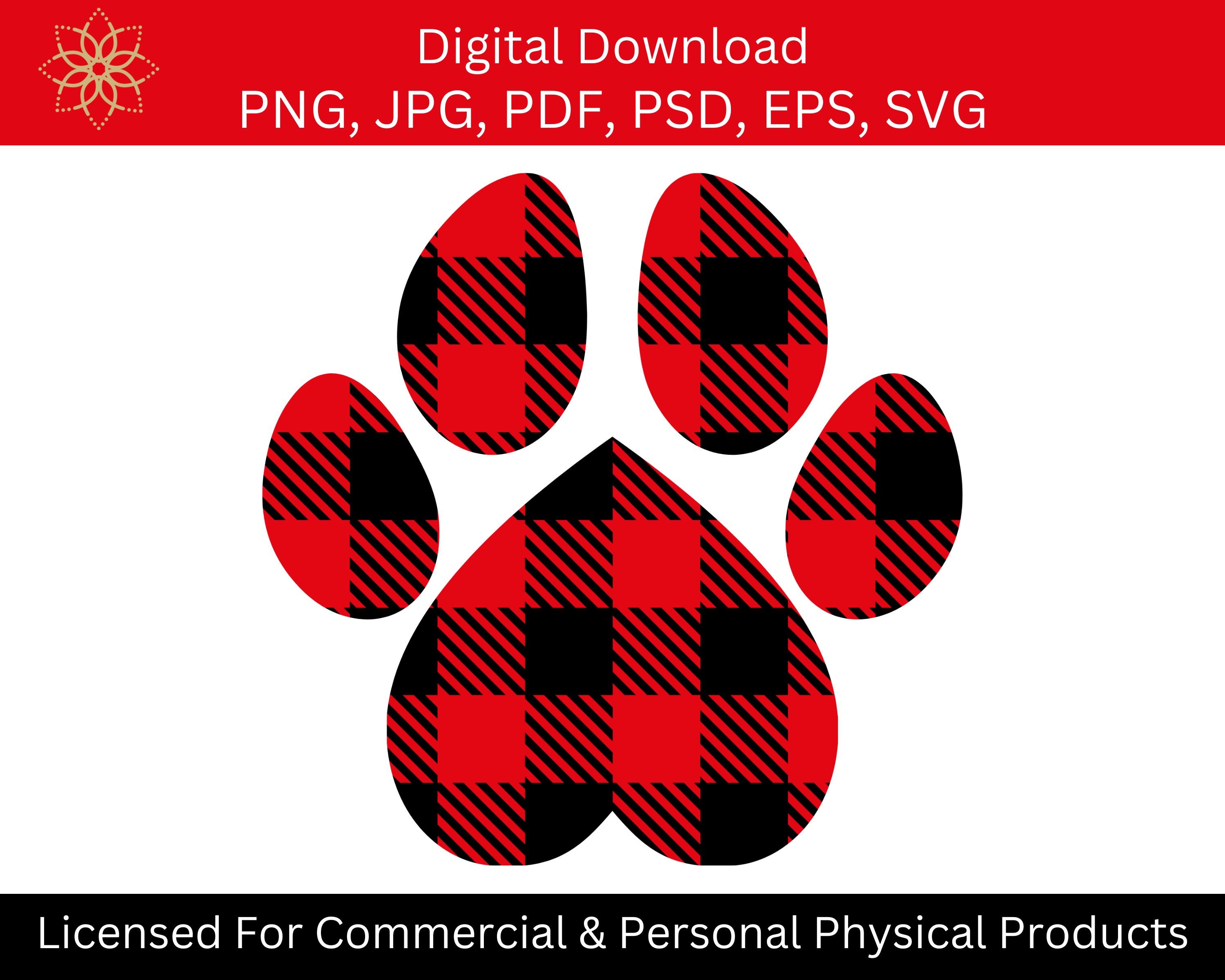 Christmas Plaid Dog Paw Print PNG File, Buffalo Plaid Pet Paws SVG ...