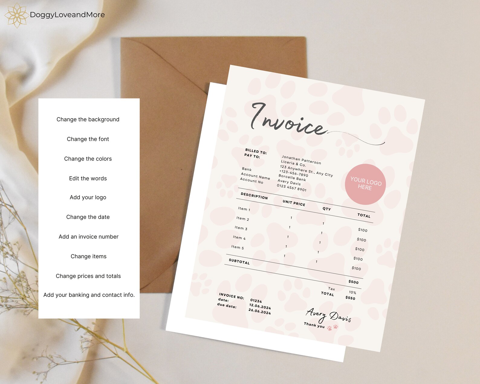 Minimalist Pet Paw Business Invoice Editable Printable Small Business ...