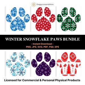 Winter Paw Prints SVG PNG JPG Bundle, Snowflake Paw Prints Clipart ...