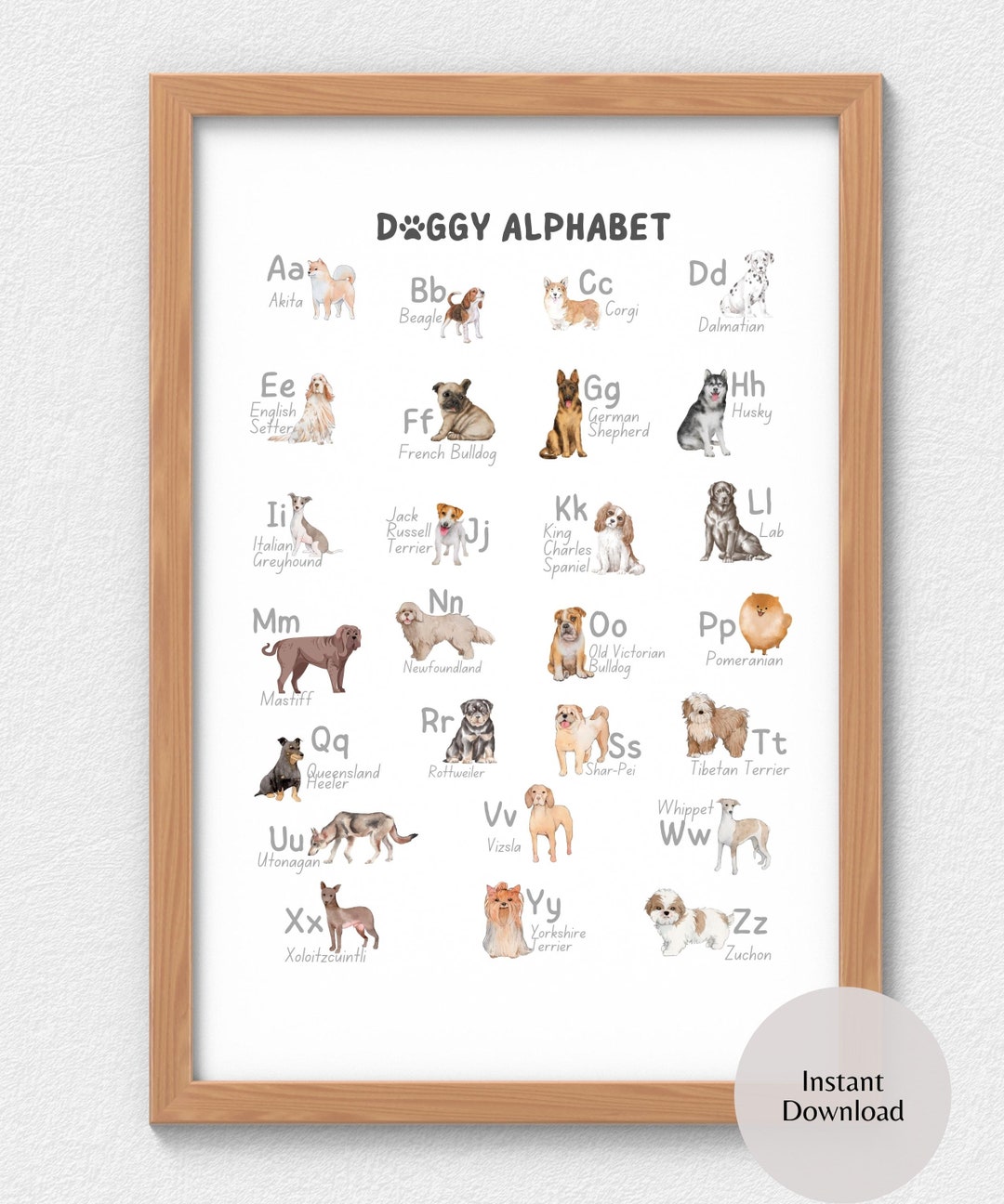 Doggy Alphabet PRINTABLE ART Watercolor Dog Letters Nursery - Etsy