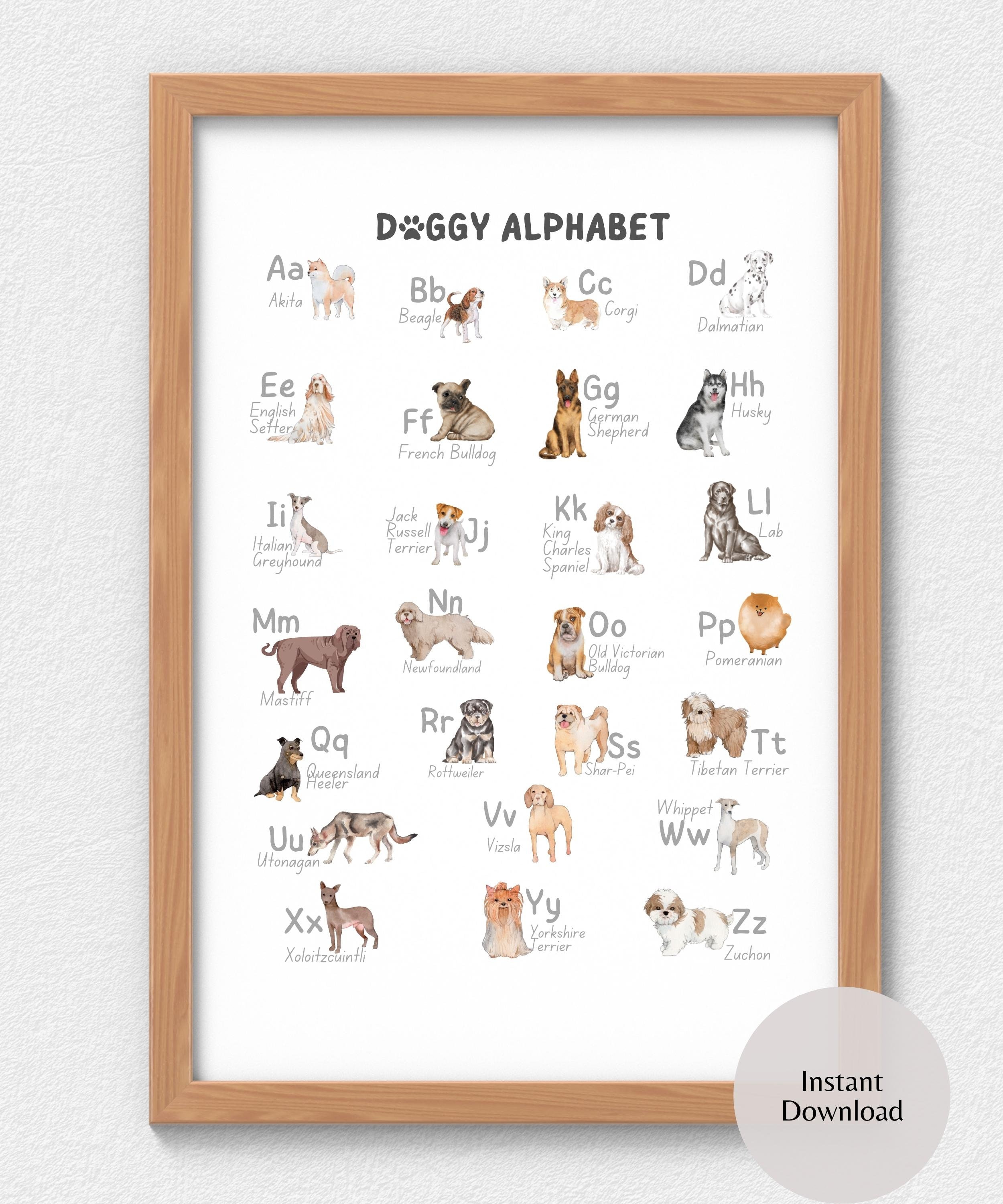 Doggy Alphabet PRINTABLE ART Watercolor Dog Letters Nursery - Etsy