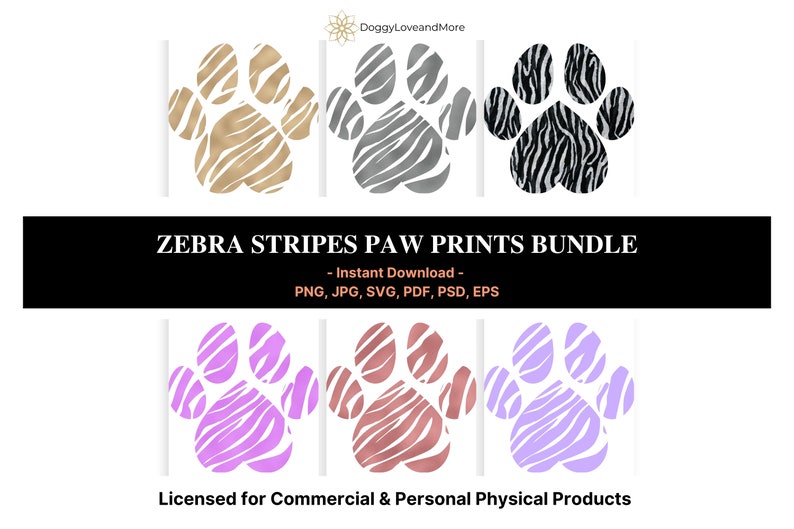 Zebra Stripes Paw Prints SVG PNG JPG Bundle, Paw Prints Clipart, Cricut ...