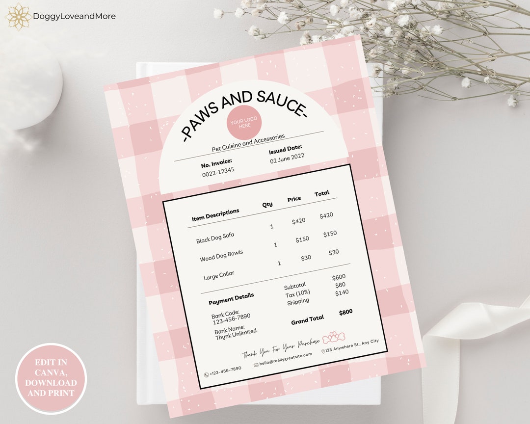 Plaid Pet Business Invoice Template: Editable Canva Design (digital ...