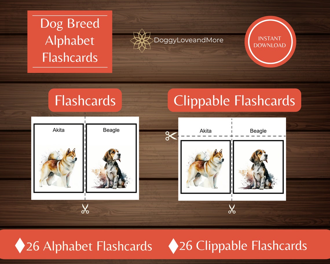 Dog Breeds Flash Cards Letters A to Z Clippable Flashcard - Etsy