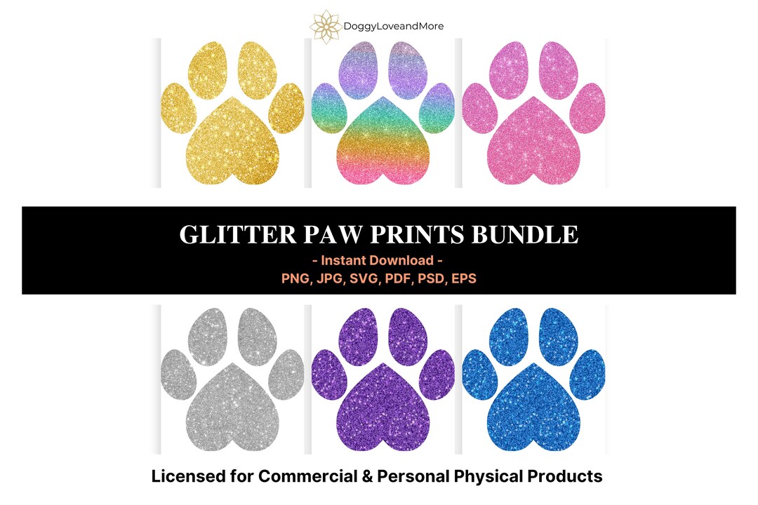 Glitter Paw Prints SVG PNG JPG Bundle, Sparkle Paw Prints Clipart ...