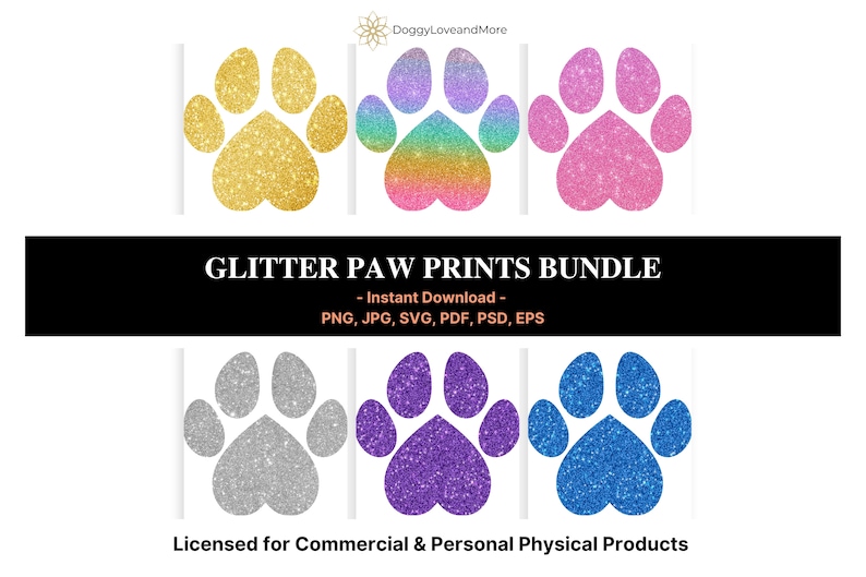 Glitter Paw Prints SVG PNG JPG Bundle, Sparkle Paw Prints Clipart ...