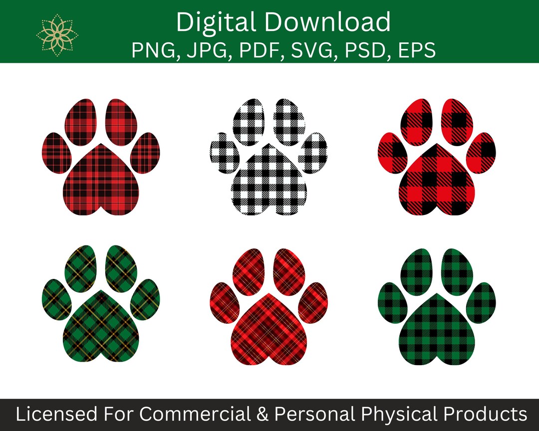 Christmas Plaid Dog Paw Print PNG File, Buffalo Plaid Pet Paws SVG ...