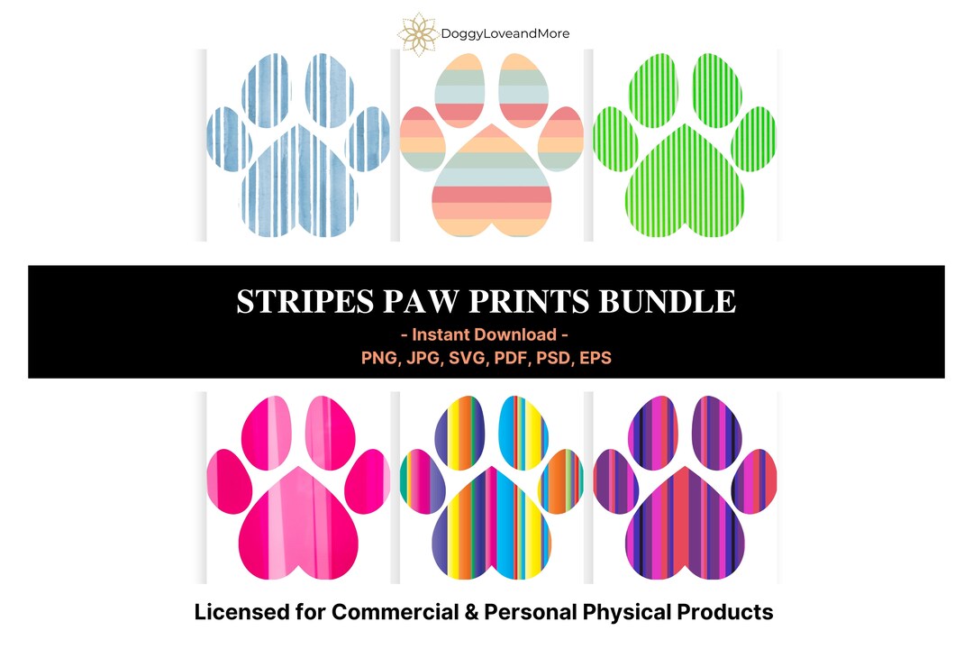 Striped Paw Prints Clipart Bundle: Colorful Dog Paws (digital Download ...