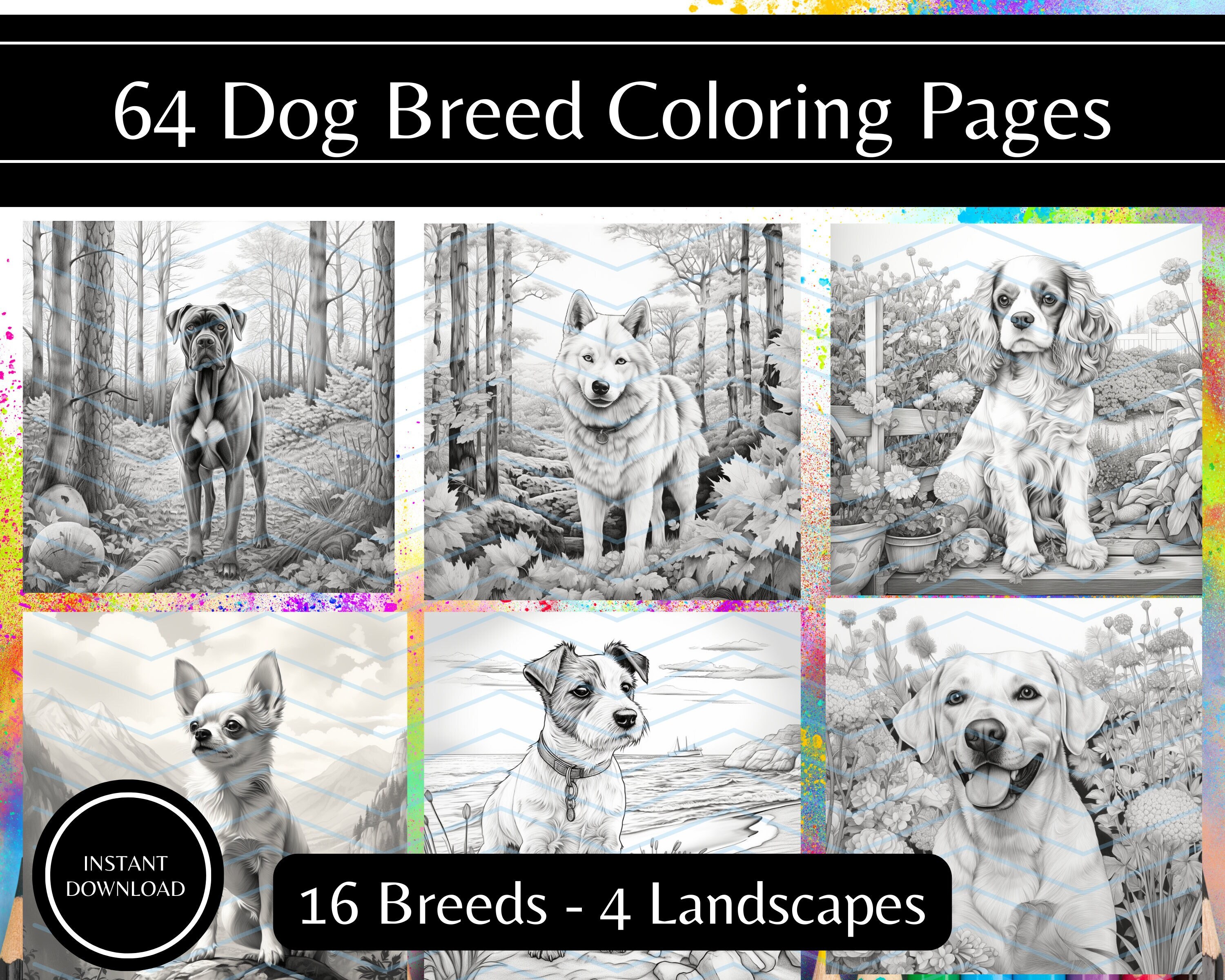 64 Dogs Coloring Pages 16 Dog Breeds 4 Landscapes Seasons Grayscale ...