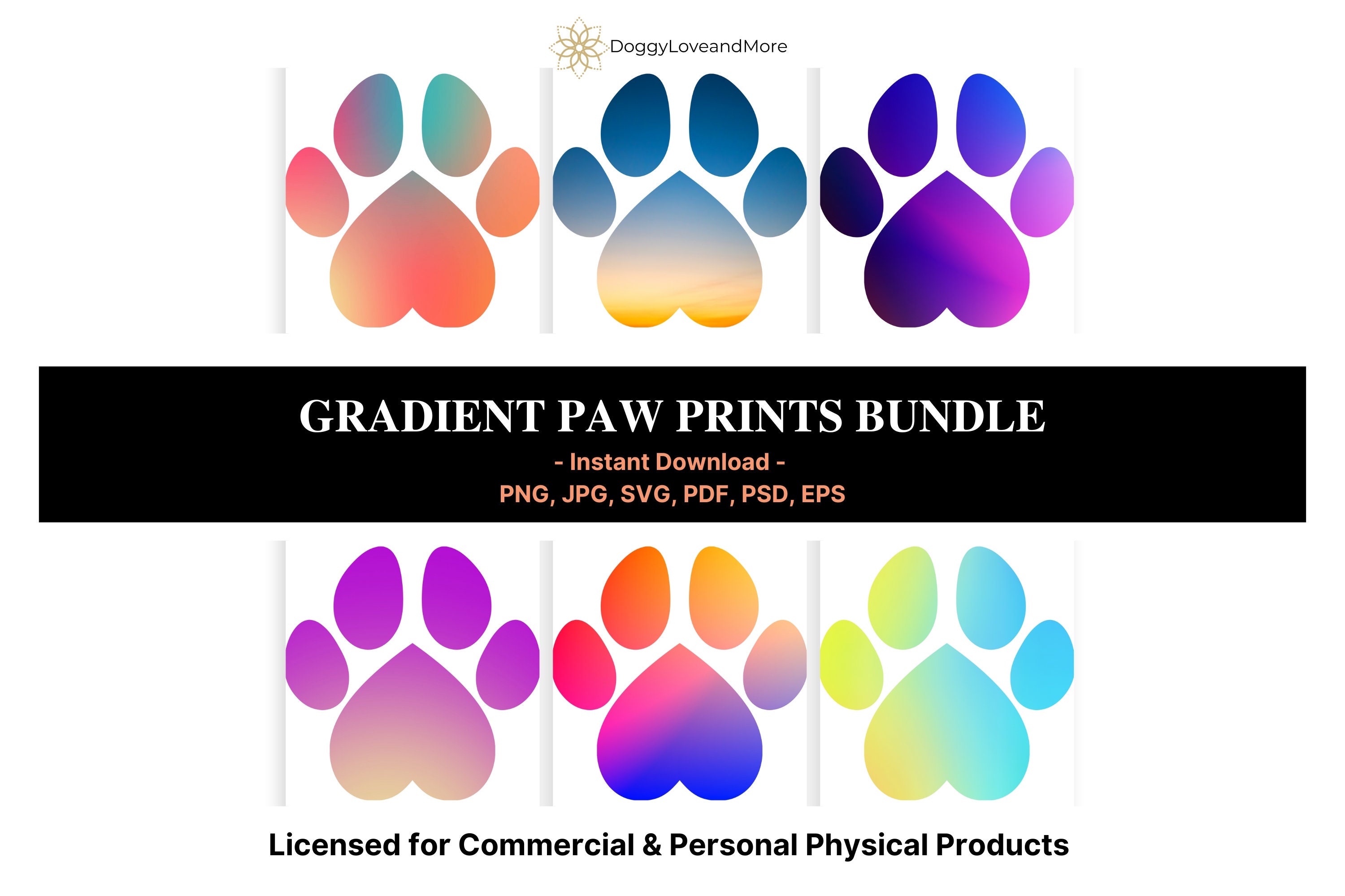 Gradient Paw Prints SVG PNG JPG Bundle, Rainbow Paw Prints Clipart ...