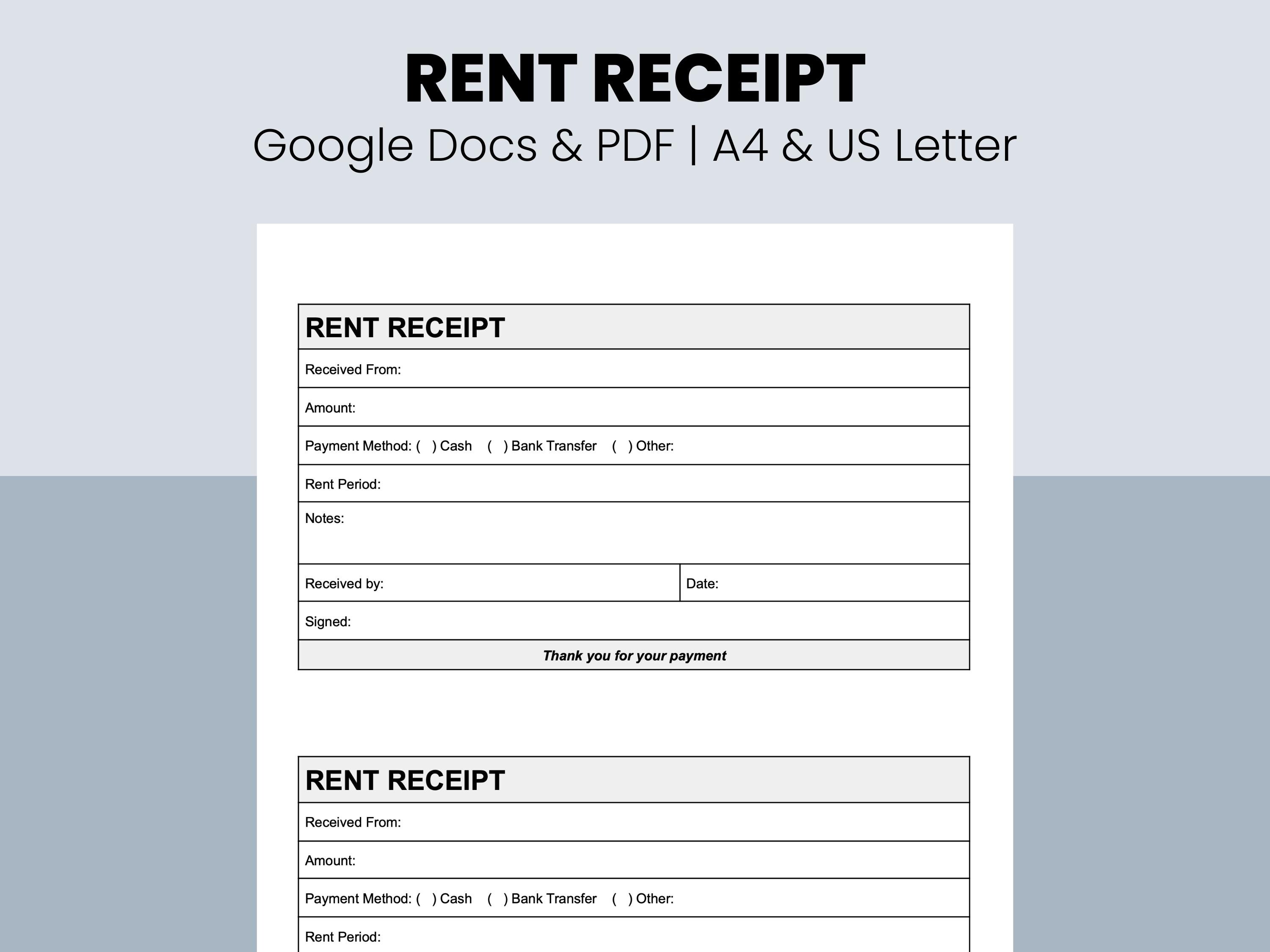 Rent Receipt Template | Printable Rental Receipt | Cash & Rent Payment ...