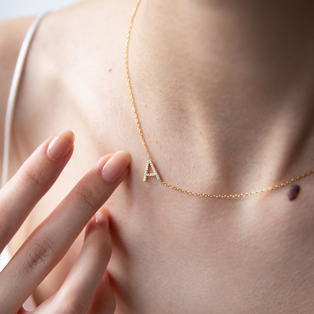 Diamond Initial Necklace Diamond Letter Necklace Spaced Letter Necklace ...