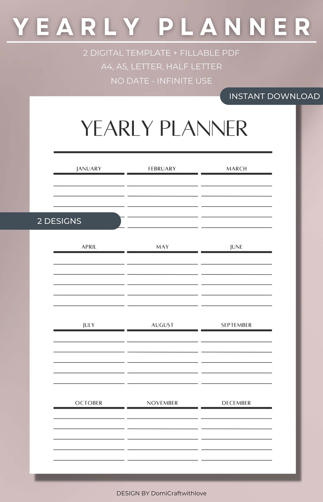 YEARLY PLANNER, Printable, Undated, Yearly Tasks, Yearly Organizer, 2 ...