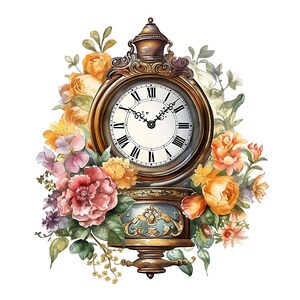 12 Floral Vintage Clock Clipart, Digital Scrapbook Picture, Instant ...