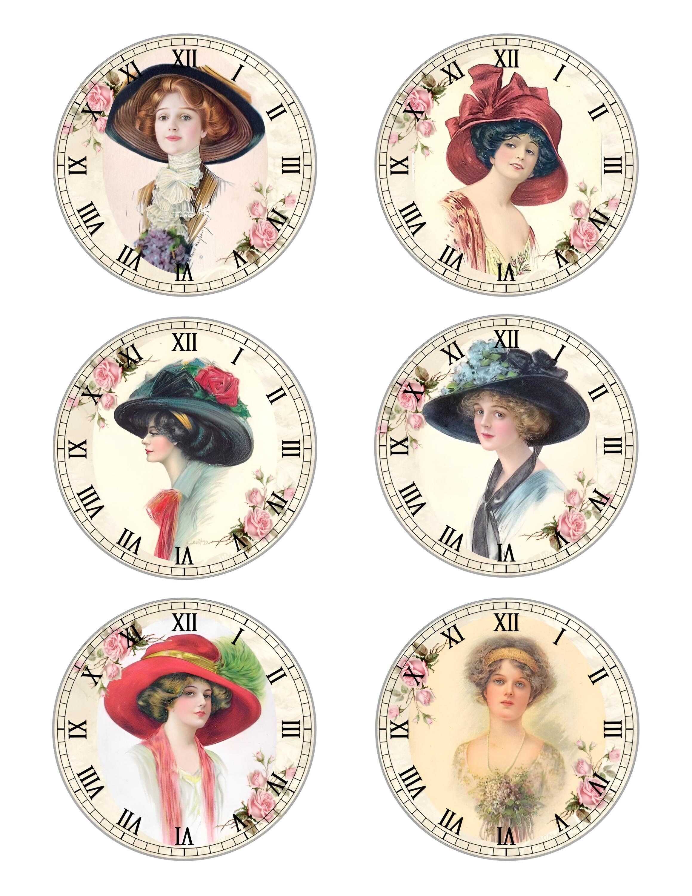 12 Vintage Clocks Ladies Portraits Card Images. Retro Clocks Collage ...