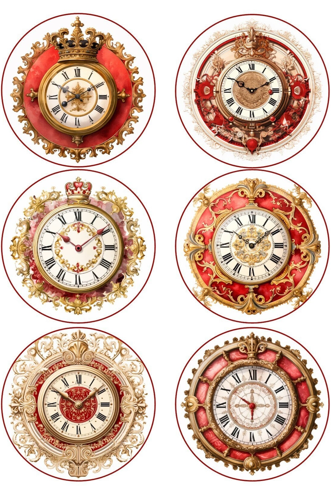 Red Clock Faces, 3,35 Inch Circles, Digital Collage Sheet, Instant ...