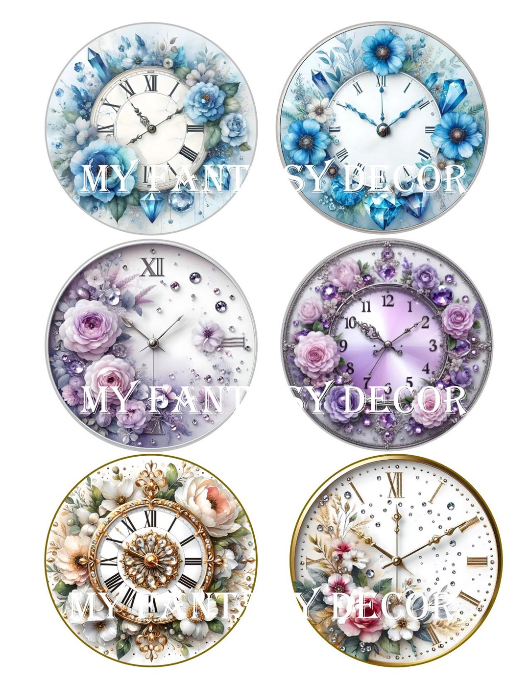 24 Floral Clock Faces, 3,35 Inch Circles, Digital Collage Sheet ...