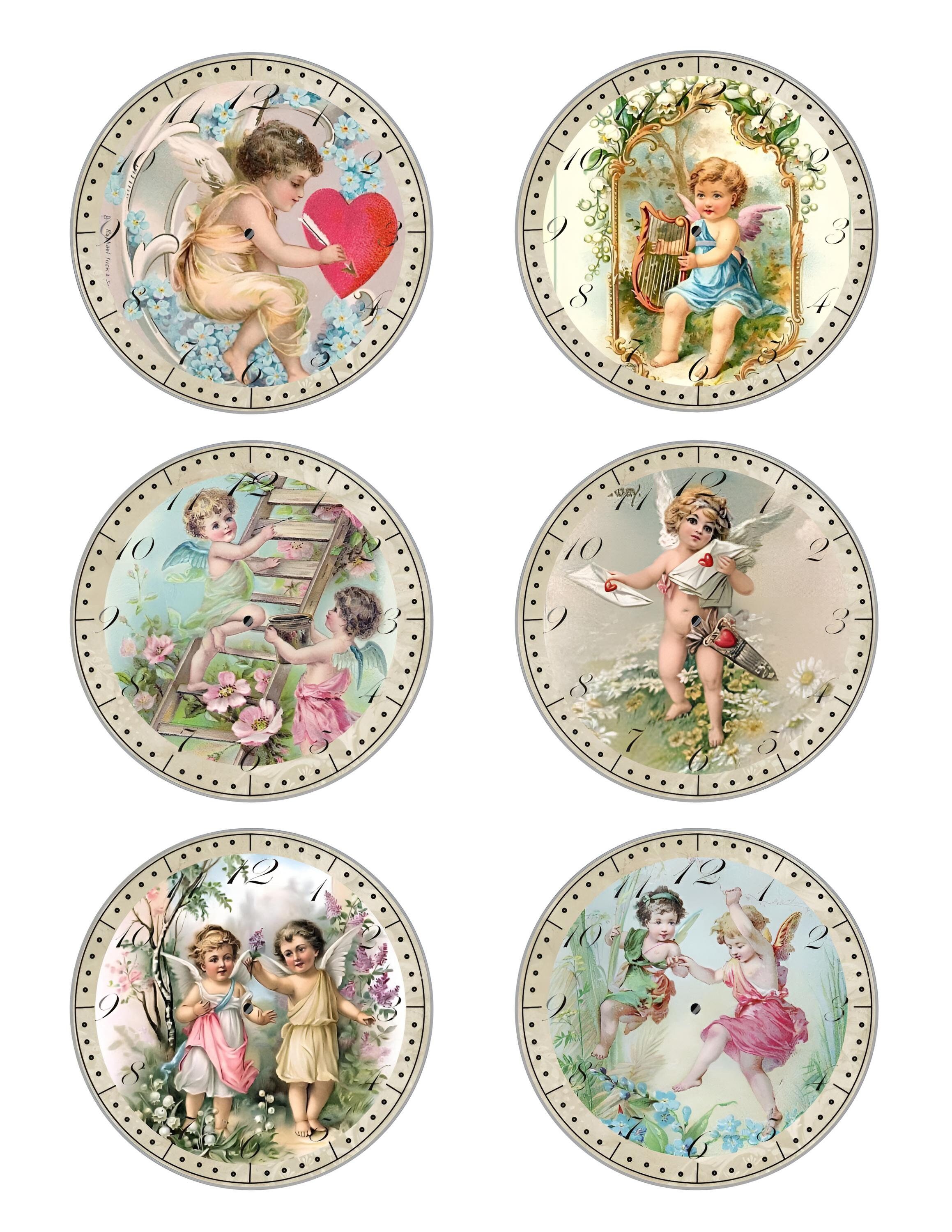 12 Vintage Angel Clocks Card Images. Valentine Clock Faces. Retro ...