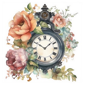 12 Floral Vintage Clock Clipart, Digital Scrapbook Picture, Instant ...