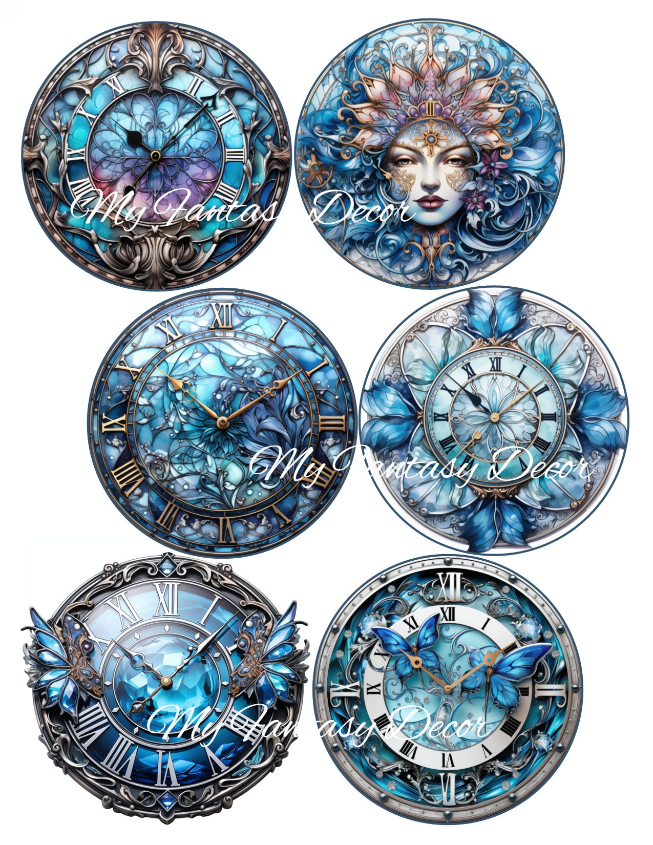 12 PNG Fairy Blue Clock Faces, 3,2 Inch Circles, Digital Collage Sheet ...