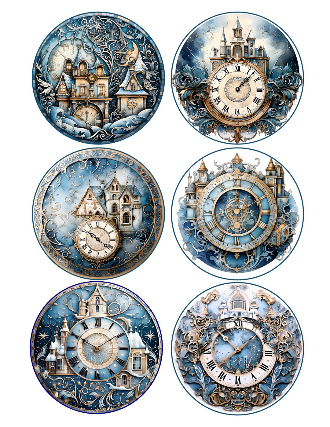 Blue Fairy Tale Clock Faces, 3,2 Inch Circles, Digital Collage Sheet ...