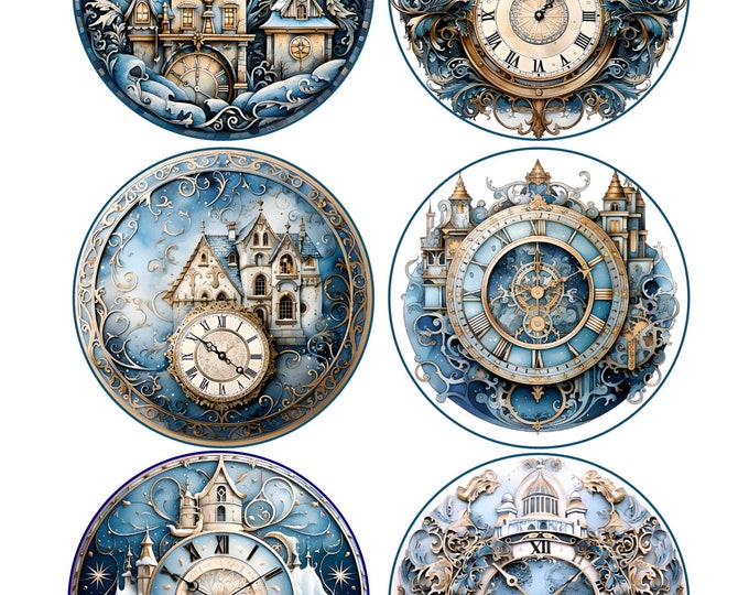 Blue Fairy Tale Clock Faces, 3,2 Inch Circles, Digital Collage Sheet ...