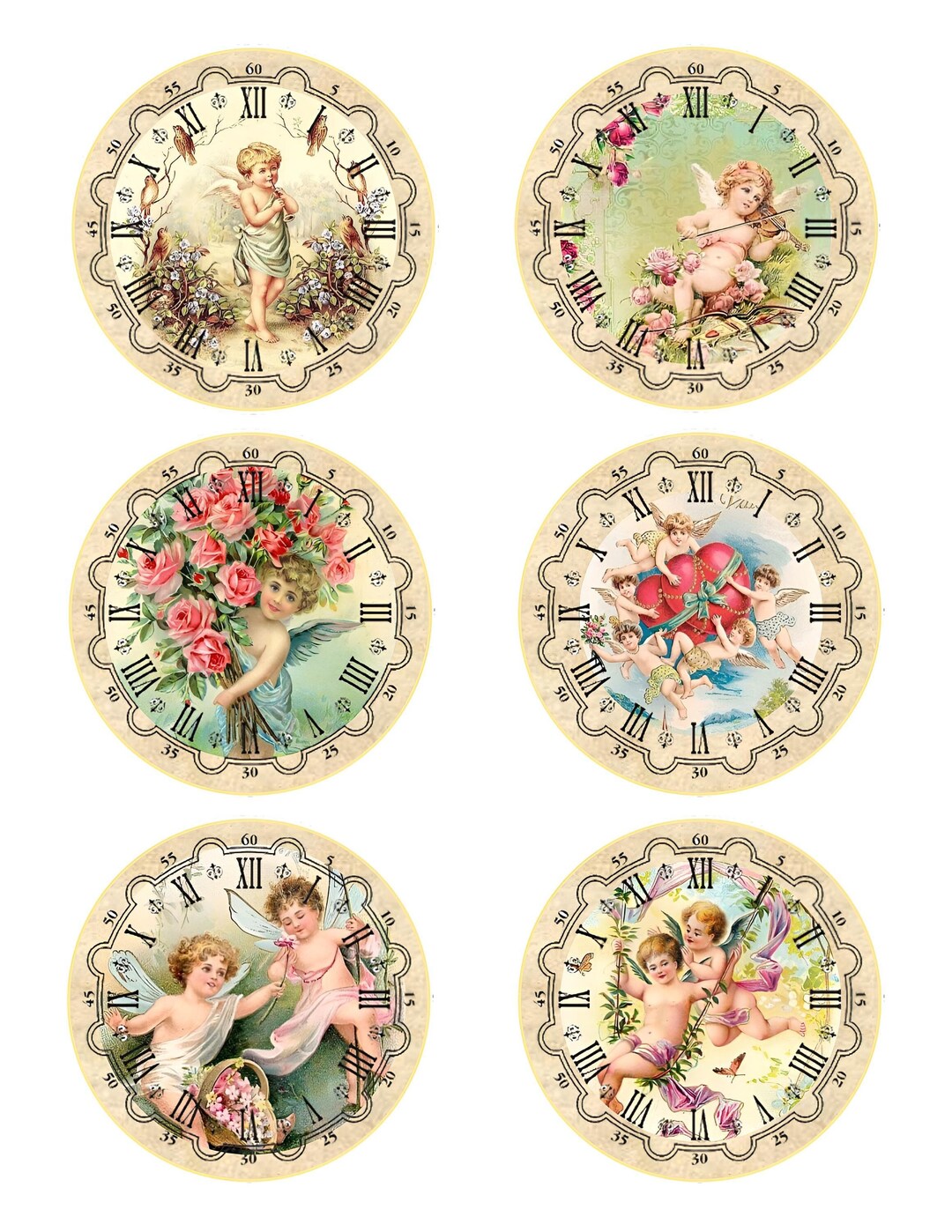 12 Vintage Angel Clocks Card Images. Valentine Clock Faces. Retro ...