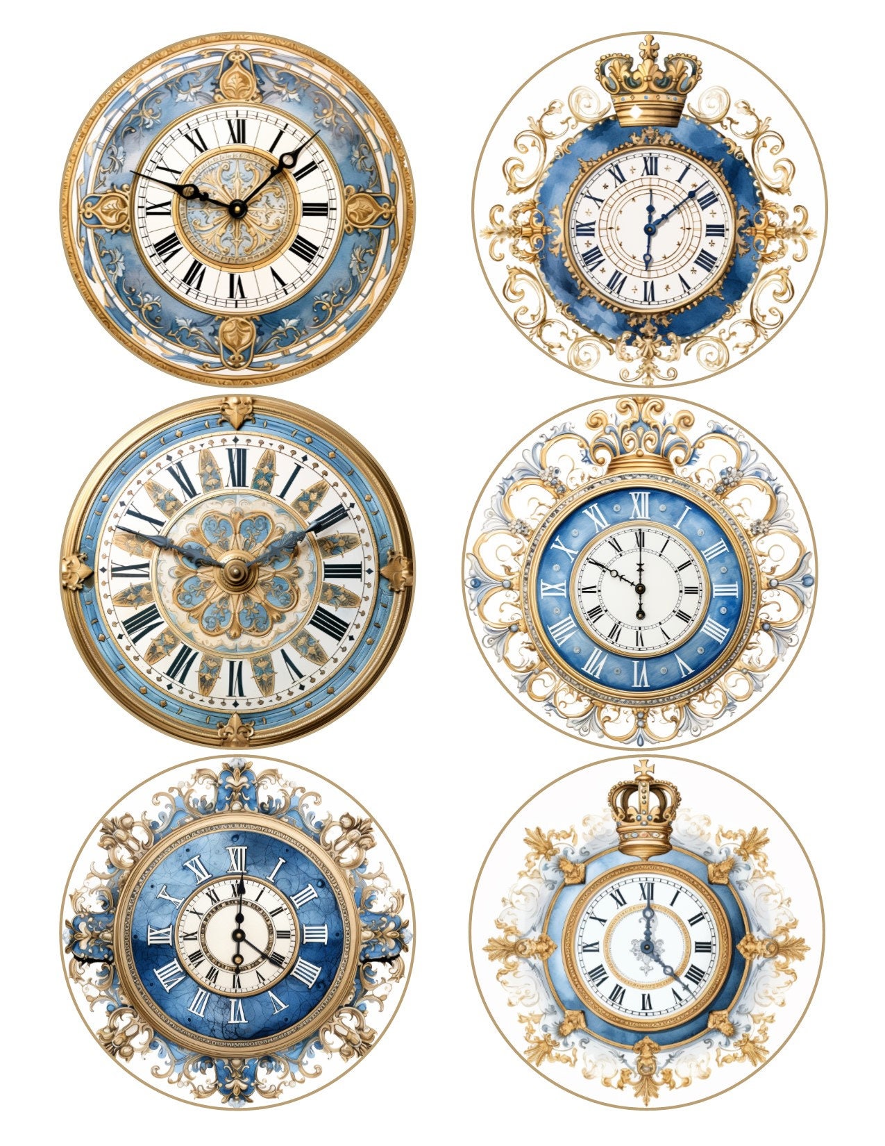 12 JPG Royal Blue Clock Faces, 3,35 Inch Circles, Digital Collage Sheet ...