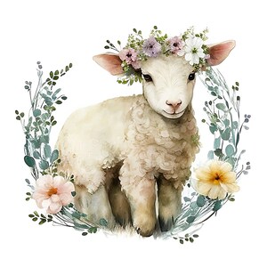 10 Cute Springs Lamb Digital Images, Watercolor Lamb and Flowers ...