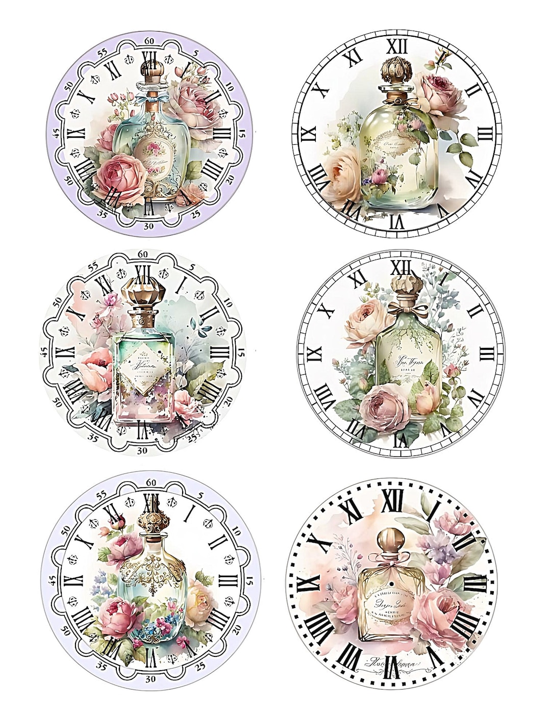 12 Clock Faces With Parfum Picture, 3,2 Inch Circles, Digital Collage ...
