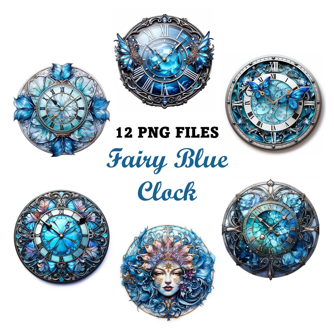 12 PNG Fairy Blue Clock Faces, 3,5 Inch Circles, Digital Collage Sheet ...