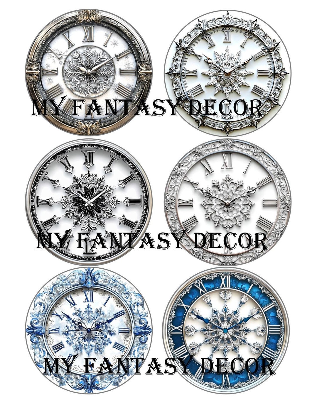12 PNG Silver Snowflake Clock Faces Images. Face Clock Collage Sheets ...