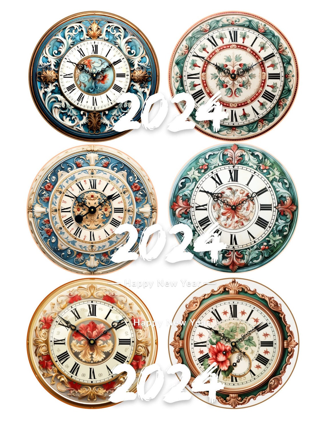 12 Folk Art Clock Faces, 3,2 Inch Circles, Digital Collage Clock Face ...