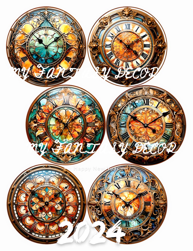 12 PNG Fancy Clock Faces, 3,2 Inch Circles, Digital Collage Sheet ...