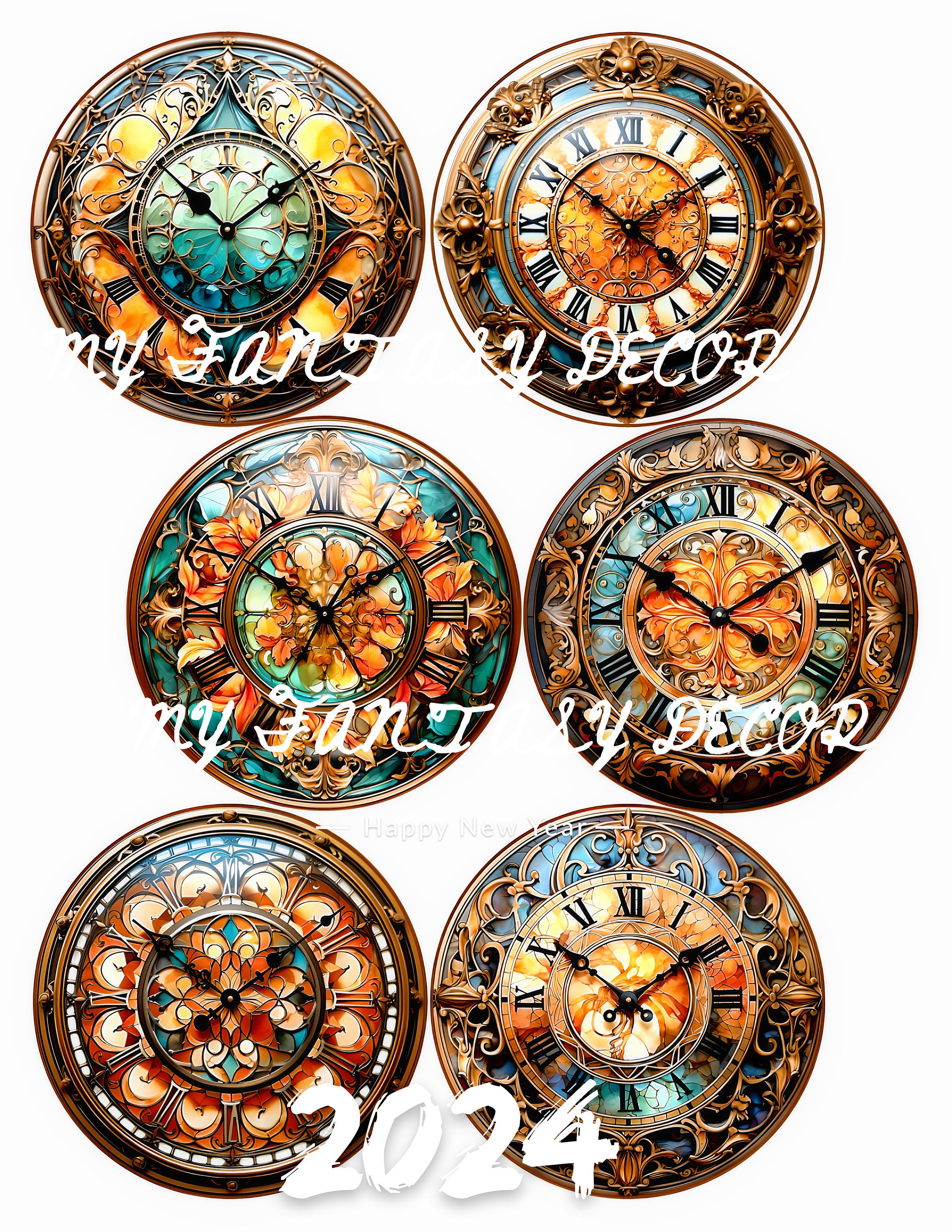 12 PNG Fancy Clock Faces, 3,2 Inch Circles, Digital Collage Sheet ...