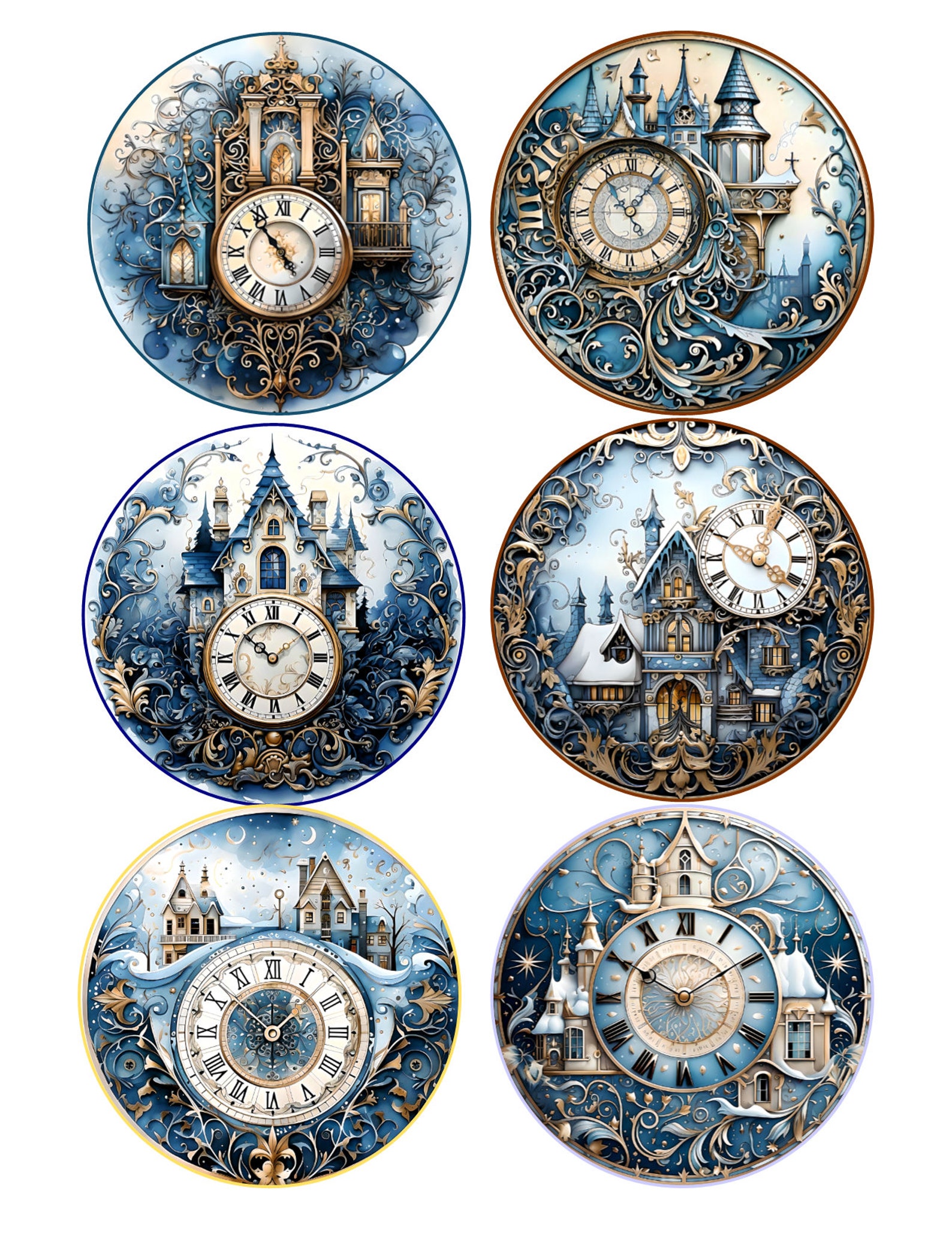 Blue Fairy Tale Clock Faces, 3,2 Inch Circles, Digital Collage Sheet ...