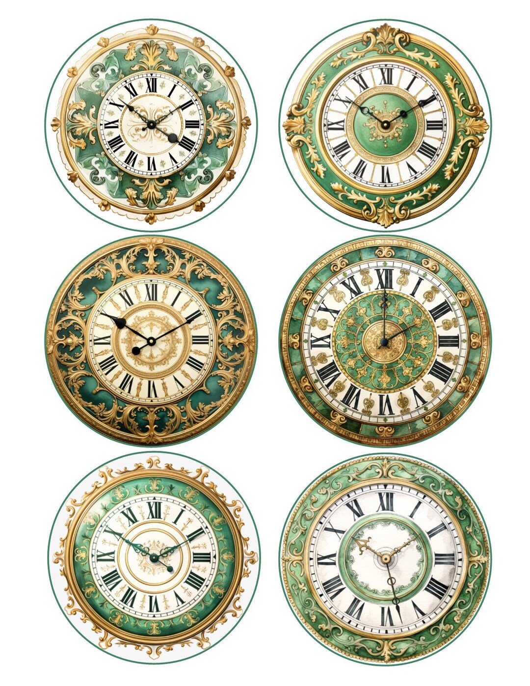 Green Clock Faces, 3,2 Inch Circles, Digital Collage Sheet, Instant ...