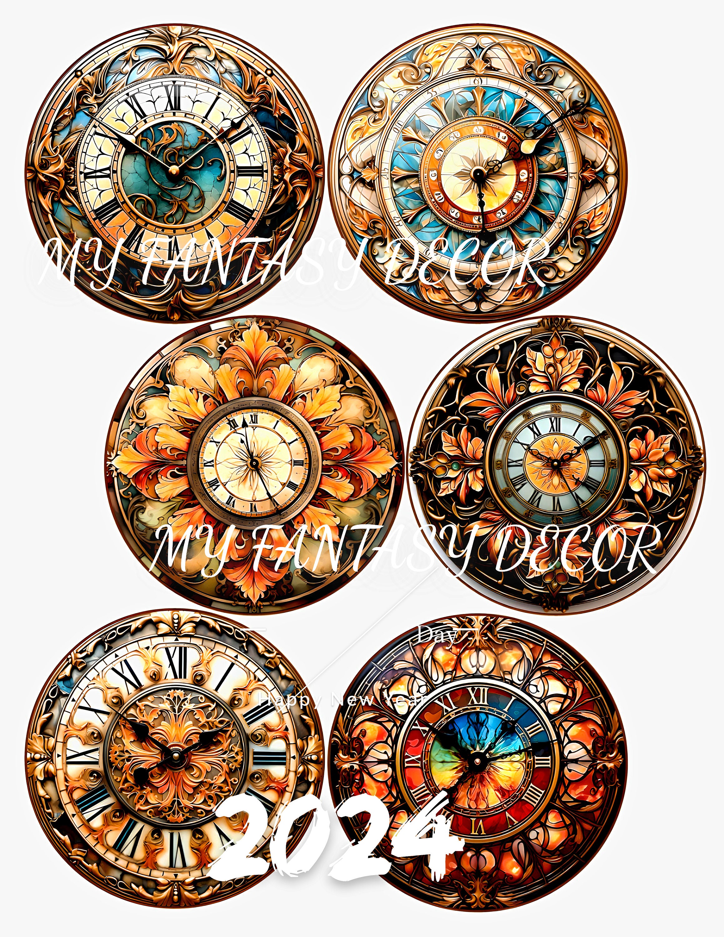 12 PNG Fancy Clock Faces, 3,2 Inch Circles, Digital Collage Sheet ...